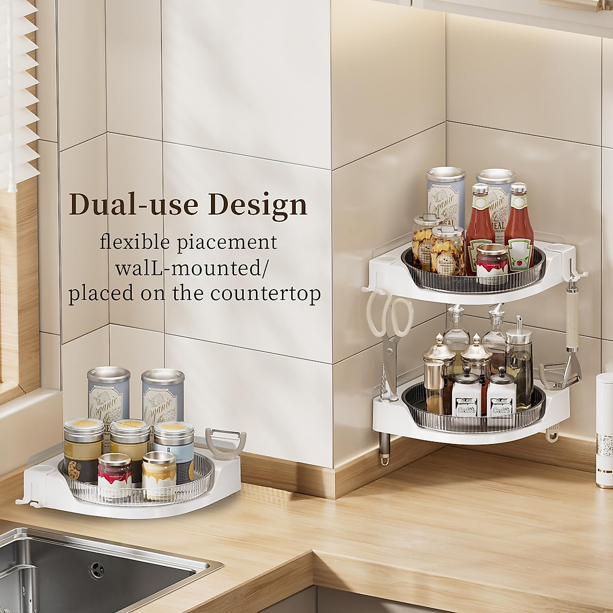 akinbas Corner Shower 2 Tier Caddy Lazy Susan Organizer 360 Rotating Corner Shelf Wall Mounted with No Drilling Shelves for Bathroom Dorm and Kitchen (White)