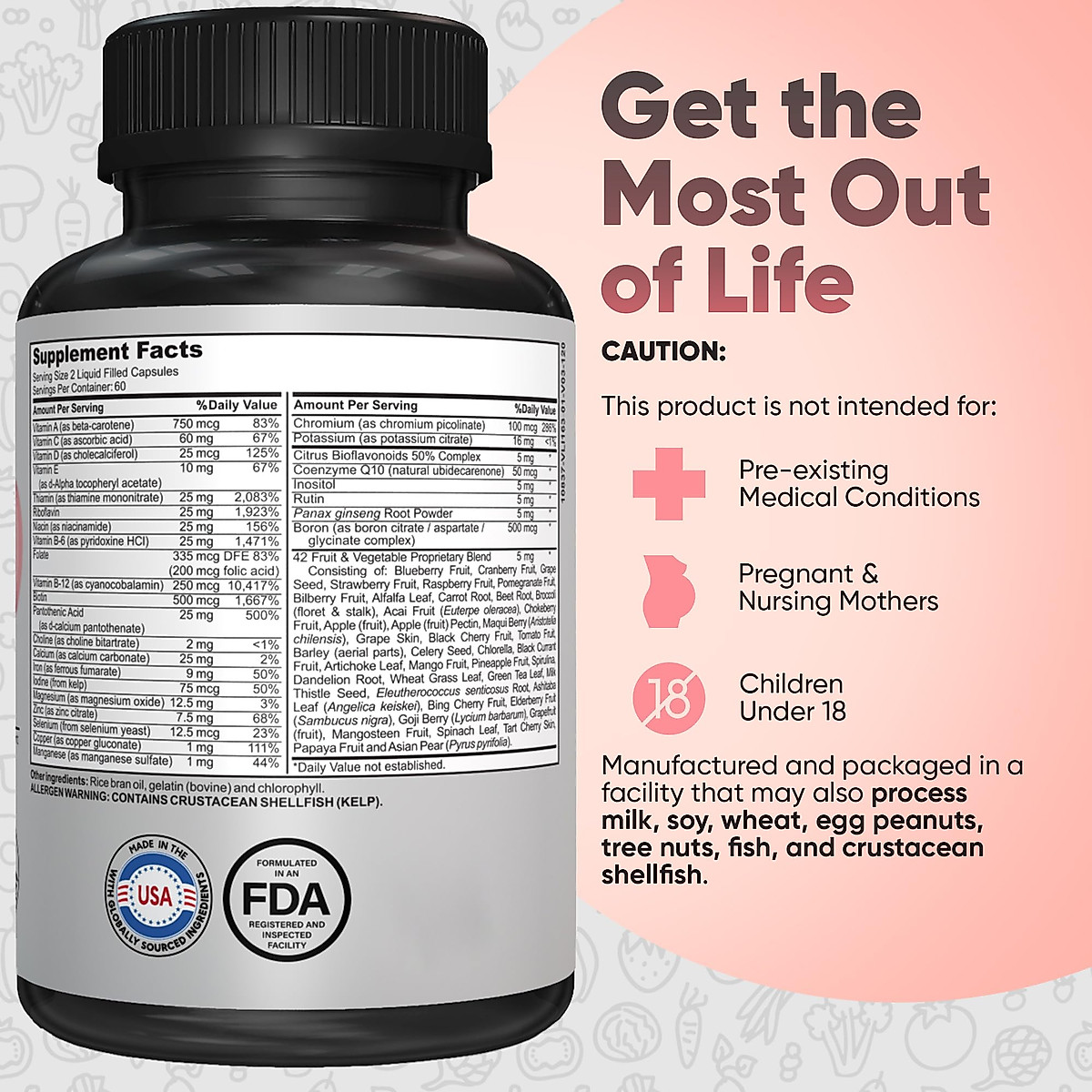 Kaitamin Bariatric Multivitamin with Iron for Post-Bariatric Surgery - Easy-to-Swallow Liquid Capsules with 42 Fruit & Veggie Blend - 120 Capsules, 2 Month Supply