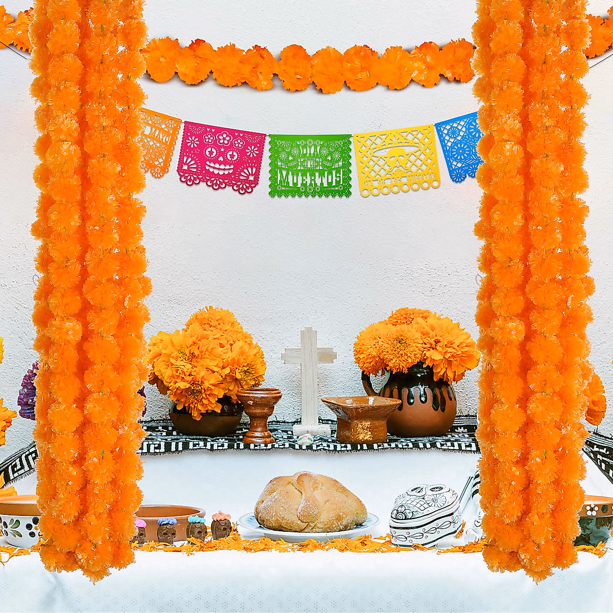 Cindeer 35 Pack Day of The Dead Decoration Mexican Party Banners Include 30 Pack Papel Picado Banner Fiesta Hanging Flags 5 Pcs 5 Feet Marigold Garland Flowers Fiesta Dia De Los Muertos Decor