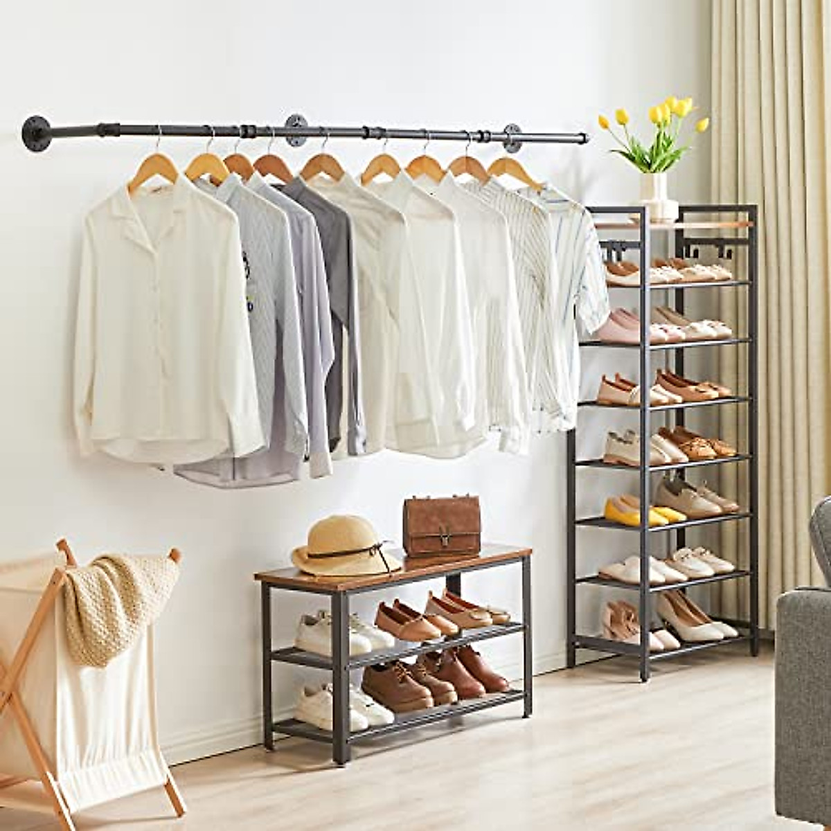 IBUYKE 70 Inch Industrial Pipe Clothes Bar Rack, Wall Mounted Garment Hanging Storage Rail, for Bedroom, Living Room, Laundry Room, Retail Display, Triple Base, Black TYJ003H