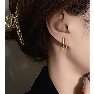 Reffeer Solid 925 Sterling Silver Bar Chain Dangle Earrings Drops for Women Teen Girls Bar Drop Earrings Chain Studs (A-Gold)