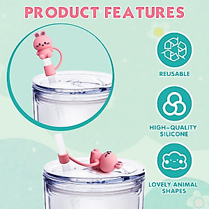 6Pcs Straw Covers Cap, Cute Animals Silicone Straw Toppers Compatible with Stanley Cup, Drinking Straw Caps for 0.4 Inch/10 mm Straw Tips