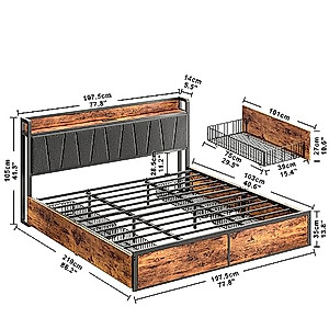 LIKIMIO King Bed Frame with 4 Storage Drawers, Platform Bed with Charged Headboard, Sturdy and Stable, No Noise, No Box Spring Needed, Easy to Install