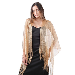 Womens Wedding Evening Wrap Shawl Glitter Metallic Prom Party Scarf with Fringe, 3 Metallic Gold