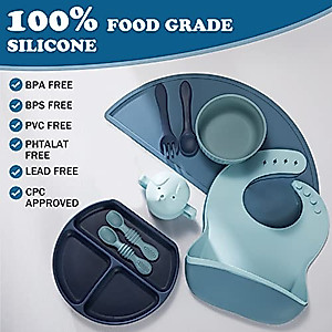 Potchen Baby Led Weaning Supplies Baby Feeding Set Toddlers Silicone Divided Suction Plate Suction Bowl, Adjustable Bib, First Stage Spoon Fork, Placemat, Straw Cup Infant Self Eating Utensil (Blue)