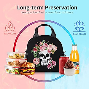 Floral Skull Lunch Bag, Insulated Rose Skull Lunch Box with Shoulder Strap, Large Capacity Durable Lunch Tote Bag with Pockets, Waterproof Lunch Bag for Women Boys Men(Floral Skull)