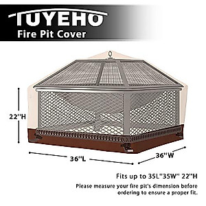 Tuyeho Patio Square Fire Pit Cover 36 x 36 x 22 inch, 600D Heavy Duty Outdoor Fire Table Cover, Waterproof & Weather Resistant for Your Fire Bowl (Beige & Brown)