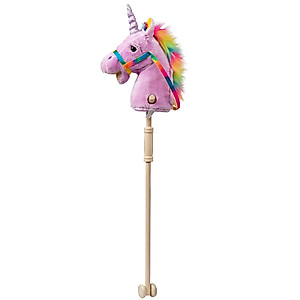 HollyHOME Unicorn Stick Horse Handcrafted Hobby Horse on a Stick with Wood Wheels Real Pony Neighing and Galloping Sounds Plush Unicorn Toy Purple 36 Inches(AA Batteries Required)