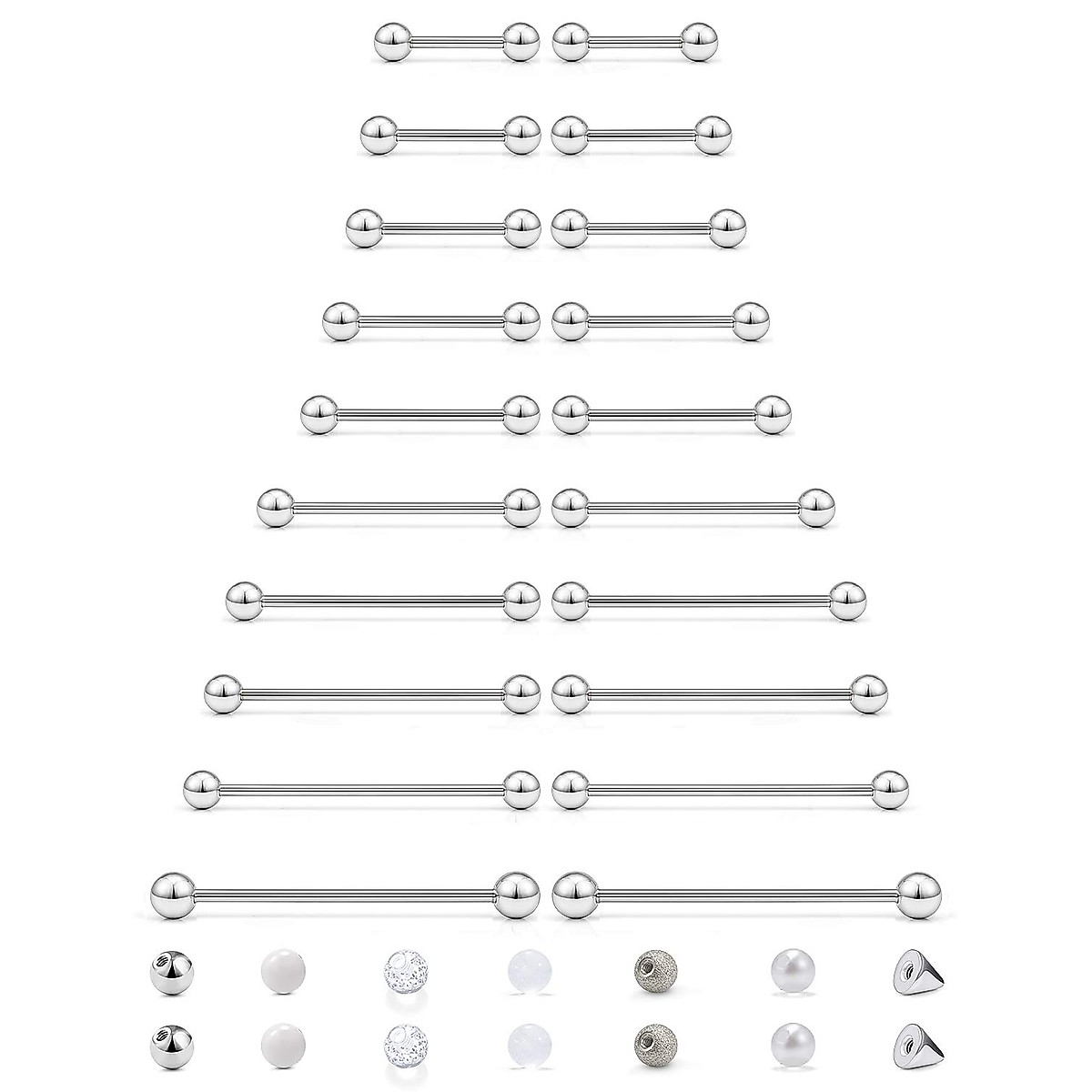 Prjndjw Mix Sizes Industrial Barbell Cartilage Earring Tongue Helix Nipple Barbell Surgical Steel Body Piercing Jewelry Retainer for Women Men Straight Bar Length 12-40mm