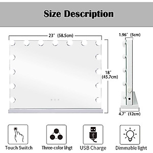 LilyHome Vanity/Makeup Mirror with Lights,10X Magnification,Large Hollywood Lighted Vanity Mirror with 15 Dimmable LED Bulbs,3 Color Modes,Touch Control for Bedroom,Tabletop or Wall-Mounted