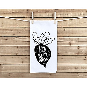 Let the Beet Drop Flour Sack Kitchen Towel with Hanging Loop - Funny Cute Vegetable Pun Dish Cloth Housewarming Hostess Birthday Christmas Veggie Lover Gift