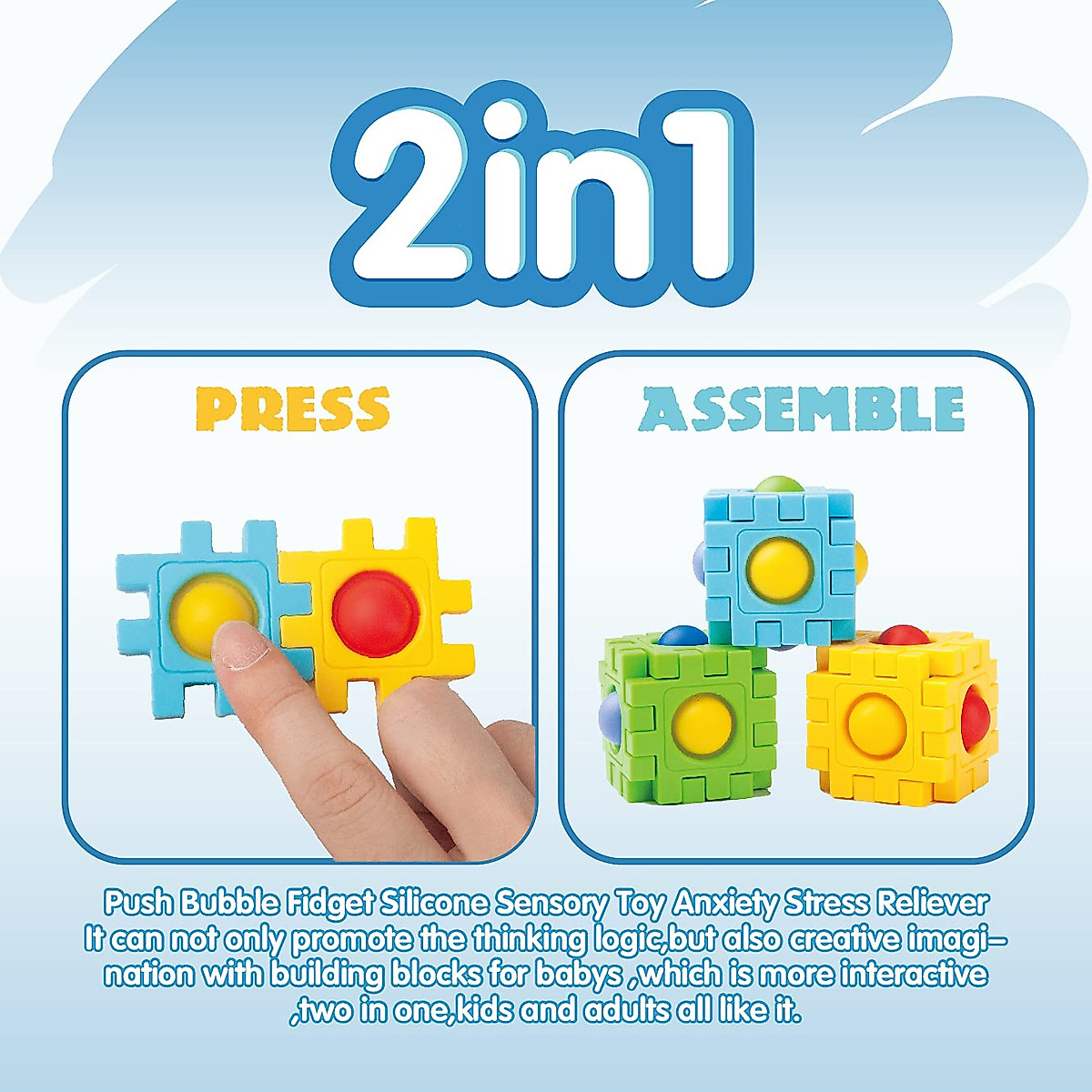 Push Bubble Fidget Toys,Building Blocks Play Set,Puzzle Game with Popping Sound Silicone Sensory Toy,Anxiety Stress Reliever,Brain Teaser Fidget Toys for Kids Teens Adults Autism ADHD (48PCS)