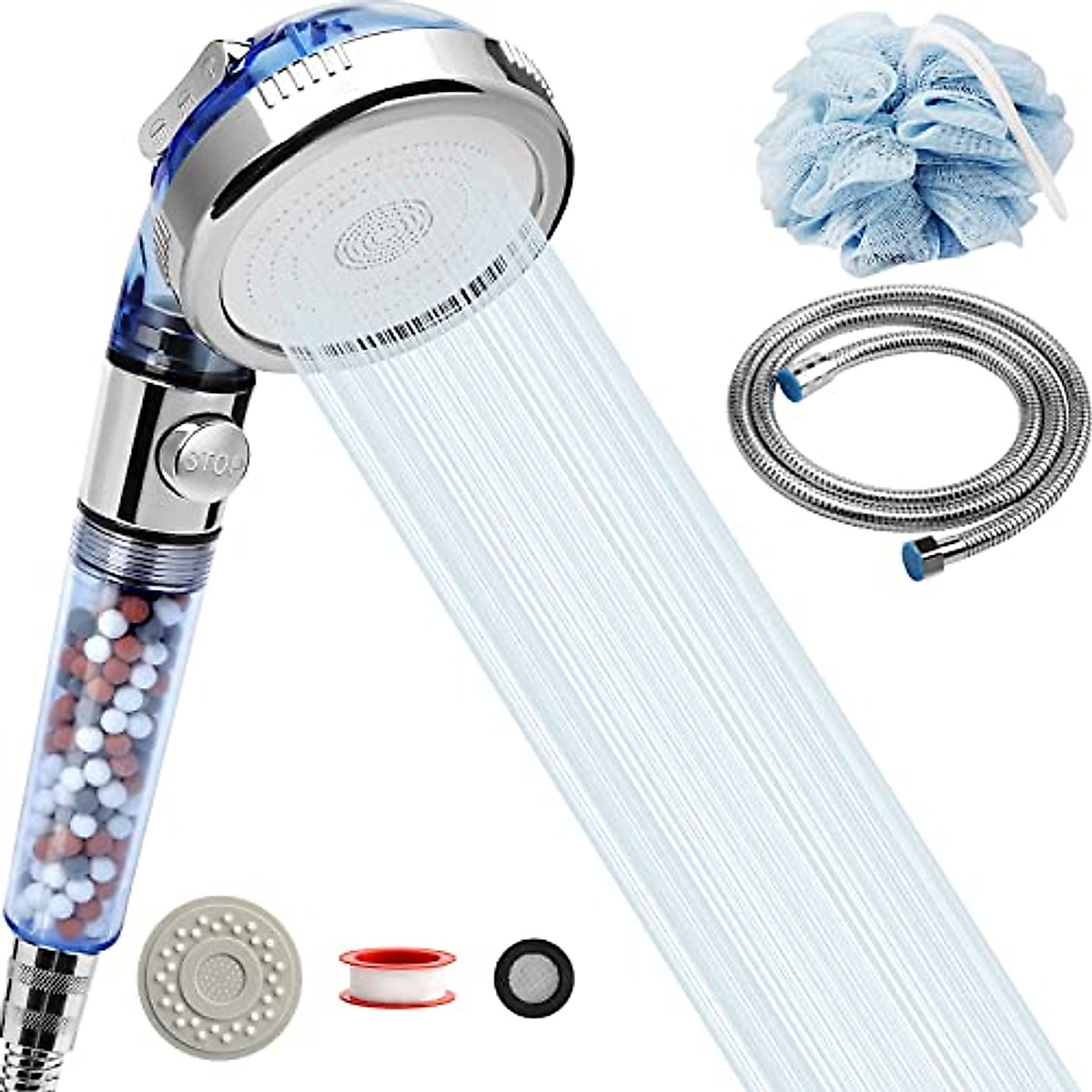 High Pressure Shower Head with Hose, REHAVE Water Saving RV Handheld Shower Head, Shower Sprayer, 3 Mode, Handheld Spray Showerheads for Dry Skin Hair Loss, Purifying Filtration Mineral Stone Beads