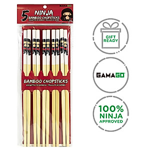 GAMAGO Ninja Bamboo Chopsticks Set-5 Pairs of Adorably Cute Reusable Chop-Sticks-Easy Grip, Lightweight, Durable, 9.25 Inches, Red