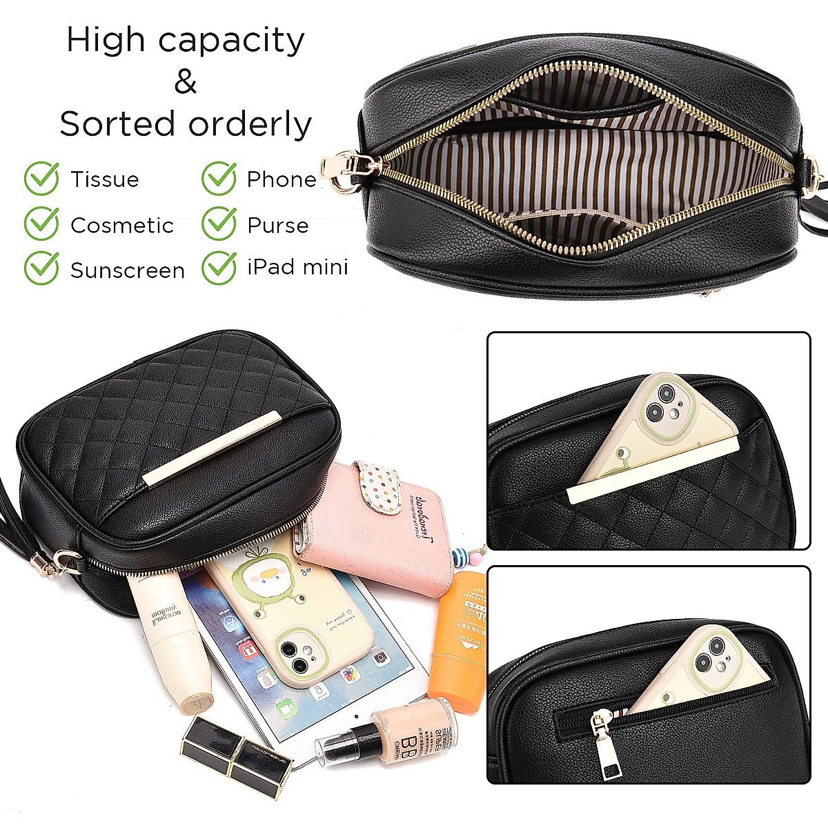 I IHAYNER Cute Little Multiple Pocket Small Crossbody Bag for Women Quilted Shoulder Purse for Ladies Lightweight Purse With Tassel White