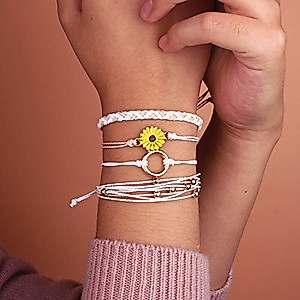 FANCY SHINY Sunflower String Bracelet Handmade Braided Rope Charms Boho Surfer Bracelet for Teen Girls Women(Wheat)