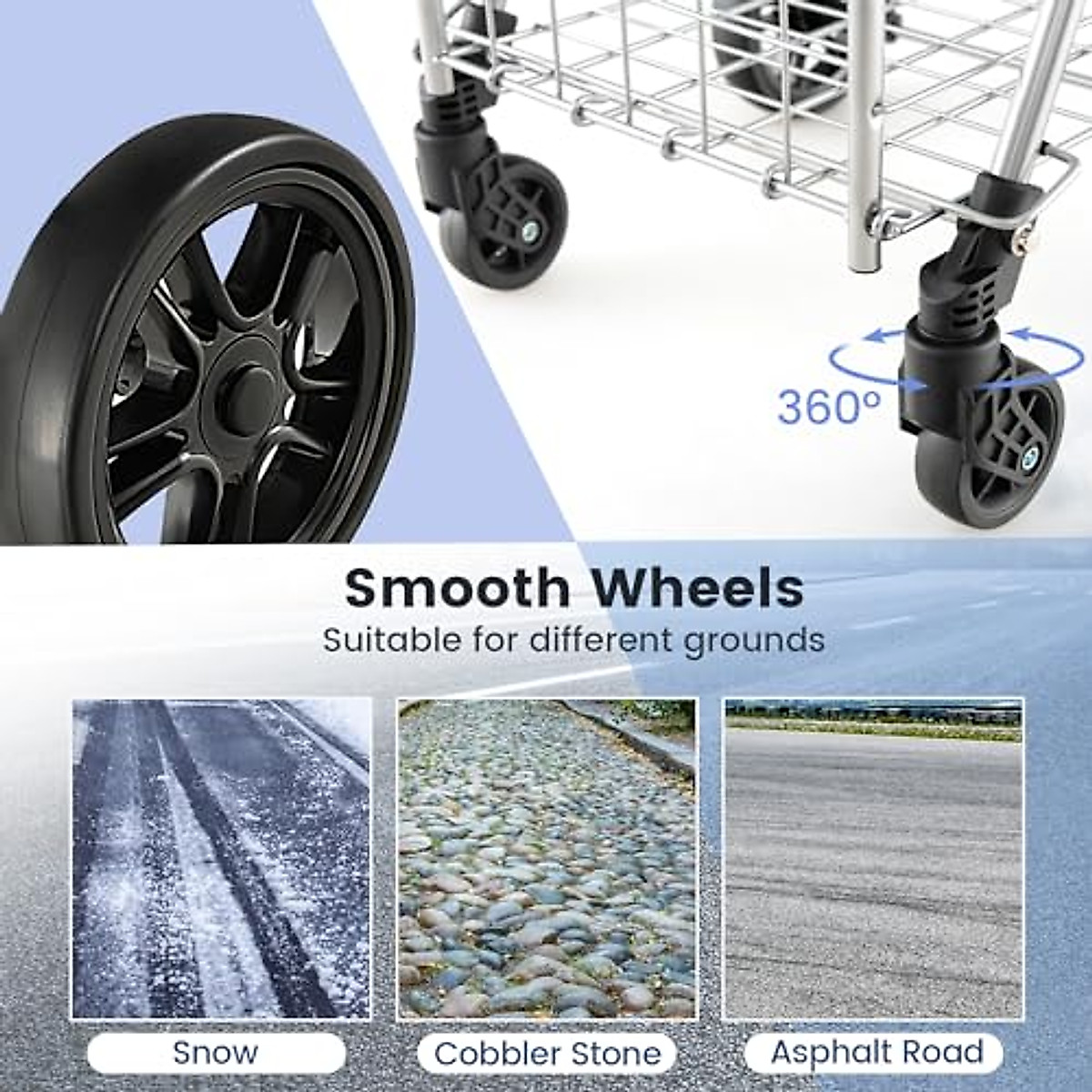 Goplus Folding Shopping Utility Cart, Double Basket and 360° Swivel Wheels, Adjustable Handle, Small Cart Perfect for Grocery Laundry Book Luggage Travel