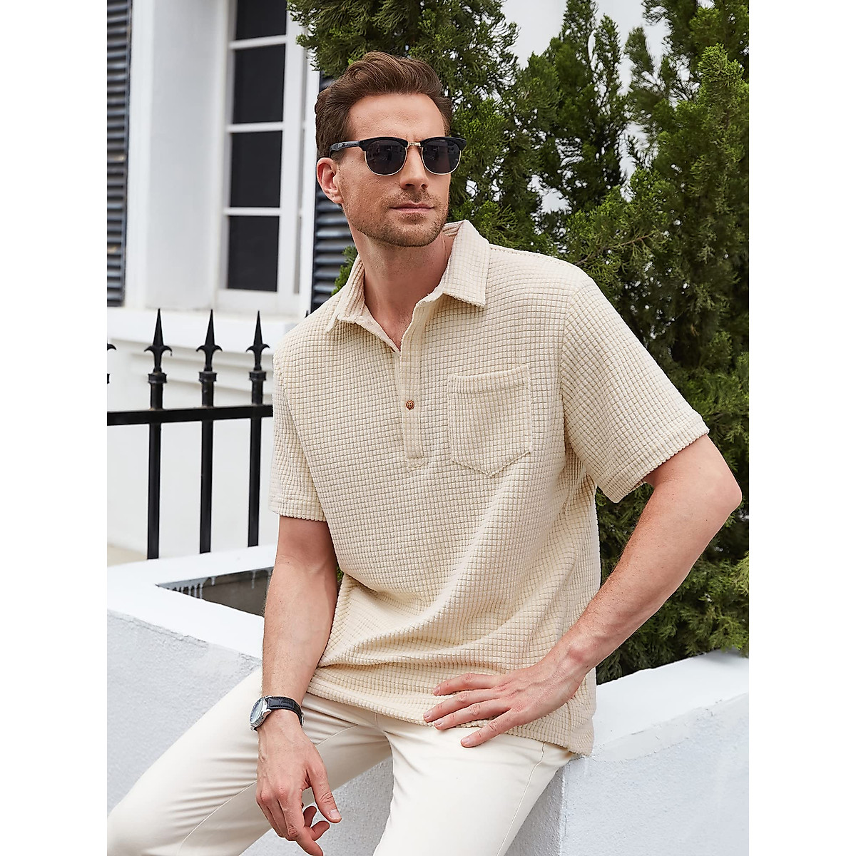 ZAFUL Men's Retro Short Sleeve Corduroy Shirt Casual Button Down Shirts White M