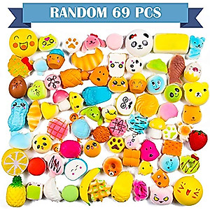 WATINC Random 70Pcs Squeeze Toys, Birthday Gifts for Kids Party Favors, Slow Rising Simulation Bread Squeeze Stress Relief Toys Goodie Bags Egg Filler, Keychain Phone Straps, 1 Jumbo Squeeze Include