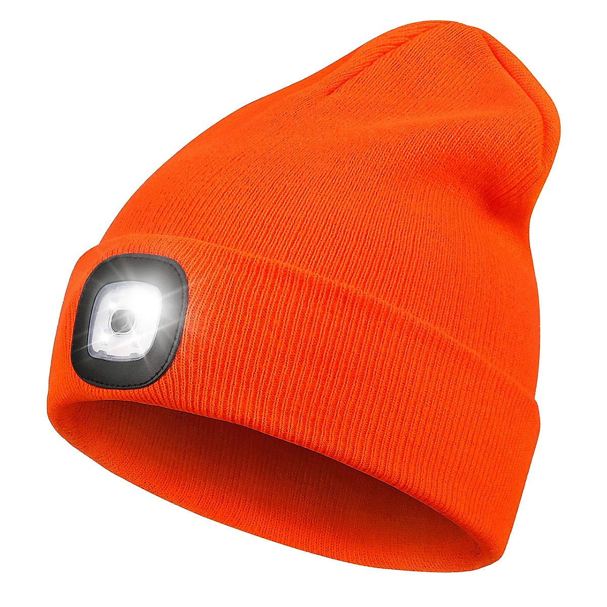 LED Beanie with The Light, Unisex USB Rechargeable Headlamp Hat Winter Knitted Night Lighted Cap Flashlight Women Men Gifts for Dad Him Husband (Orange)