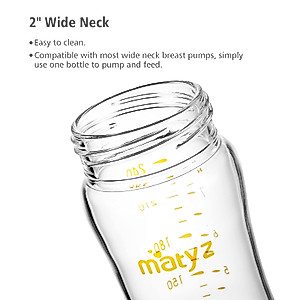 Matyz Glass Breastmilk Baby Feeding Bottle with Nipple, 4 Pack, 8 oz Slim and Light Bottle Easy to Hold, Food Grade Borosilicate Glass, Wide Neck Easy to Clean, No BPA (Blue Lids)