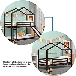 Harper & Bright Designs House Bunk Bed with Slide, Solid Wood Kids Bunk Beds Twin Over Twin with High Guardrail, Able to Split, Kids Loft Bunk Bed for Girls Boys, Easy Assembly,Espresso