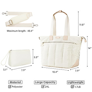 LYAUK Tote Bag with Women, Puffer Tote Bag with Laptop Compartment, Laptop Tote Bag for Women with Zipper, Large Tote Bag Purse Shoulder Bag for Travel Work Gym Overnights Weekend Trips, Beige