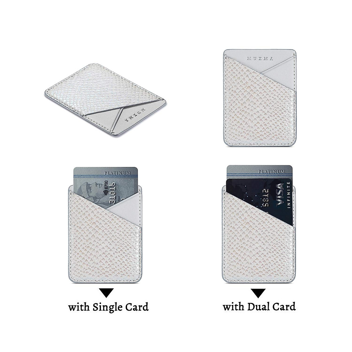 LUVI Phone Wallet Sticker Card Holder for Phone Case Credit Card Holder for Back of Phone Pocket Sleeves Stick on PU Leather Wallet with Glossy Snake Skin Silver