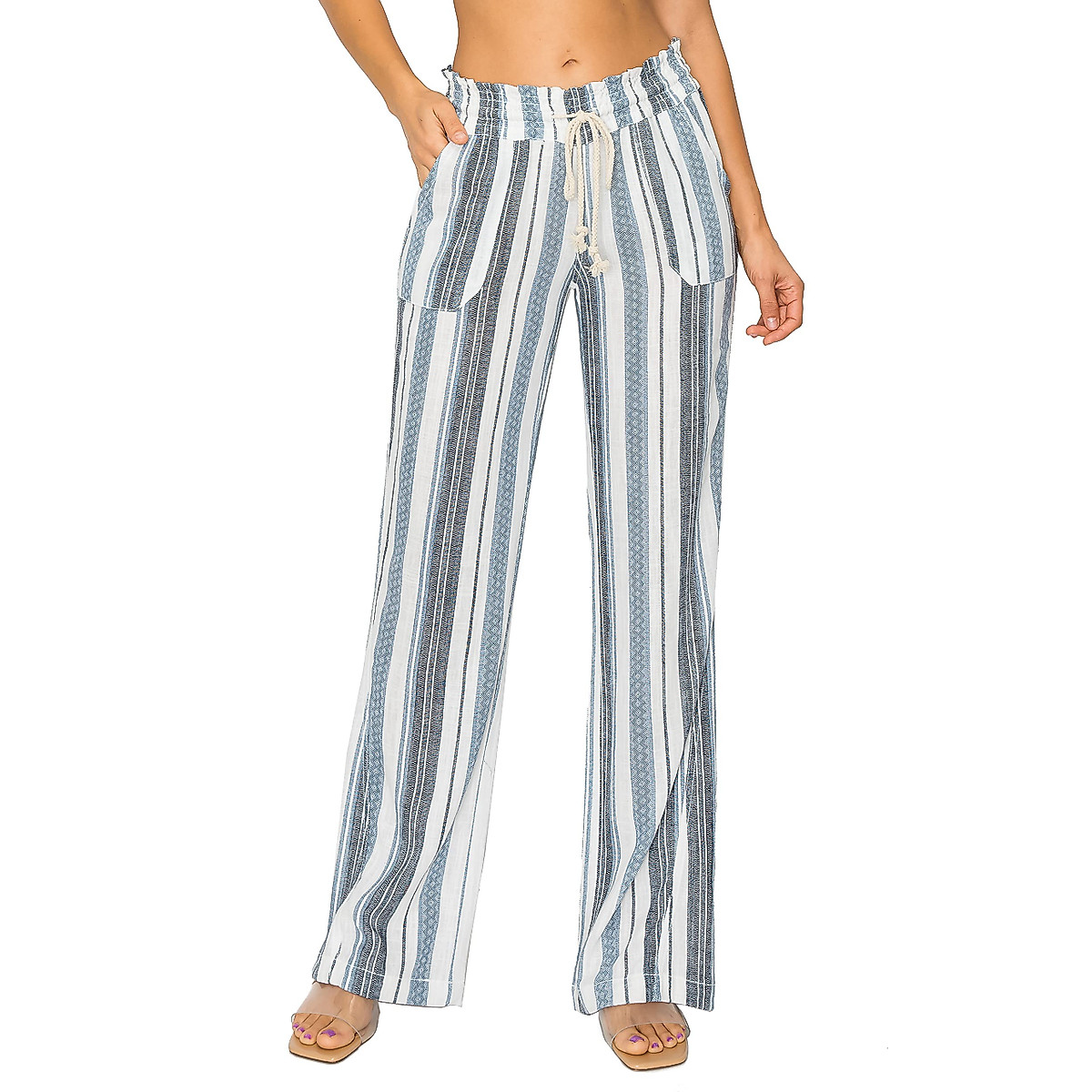 Cali1850 Women's Casual Linen Pants 32" Inseam Oceanside Drawstring Smocked Waist Lounge Beach Pants with Pockets Navy Ivory Large