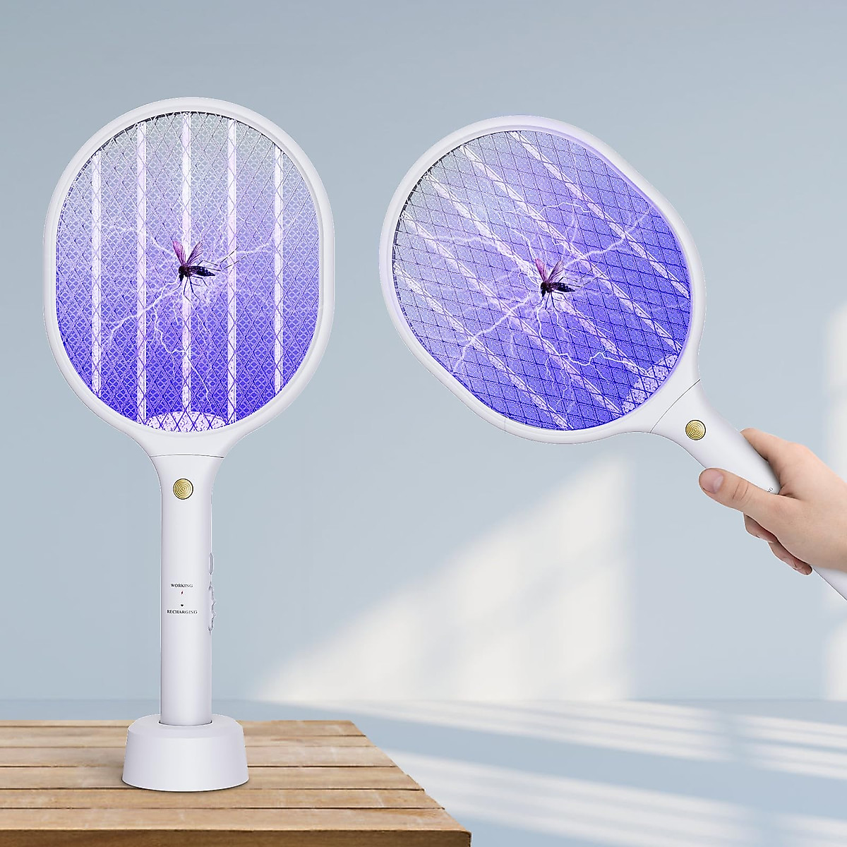 2 Pack Electric Fly Swatter Racket 3000V Bug Zapper 2 in 1 Mosquito Zapper USB Rechargeable, 1200mAh Mosquitoes Killer Lamp & Fly Zapper with 3 Layer Safety Mesh for Home