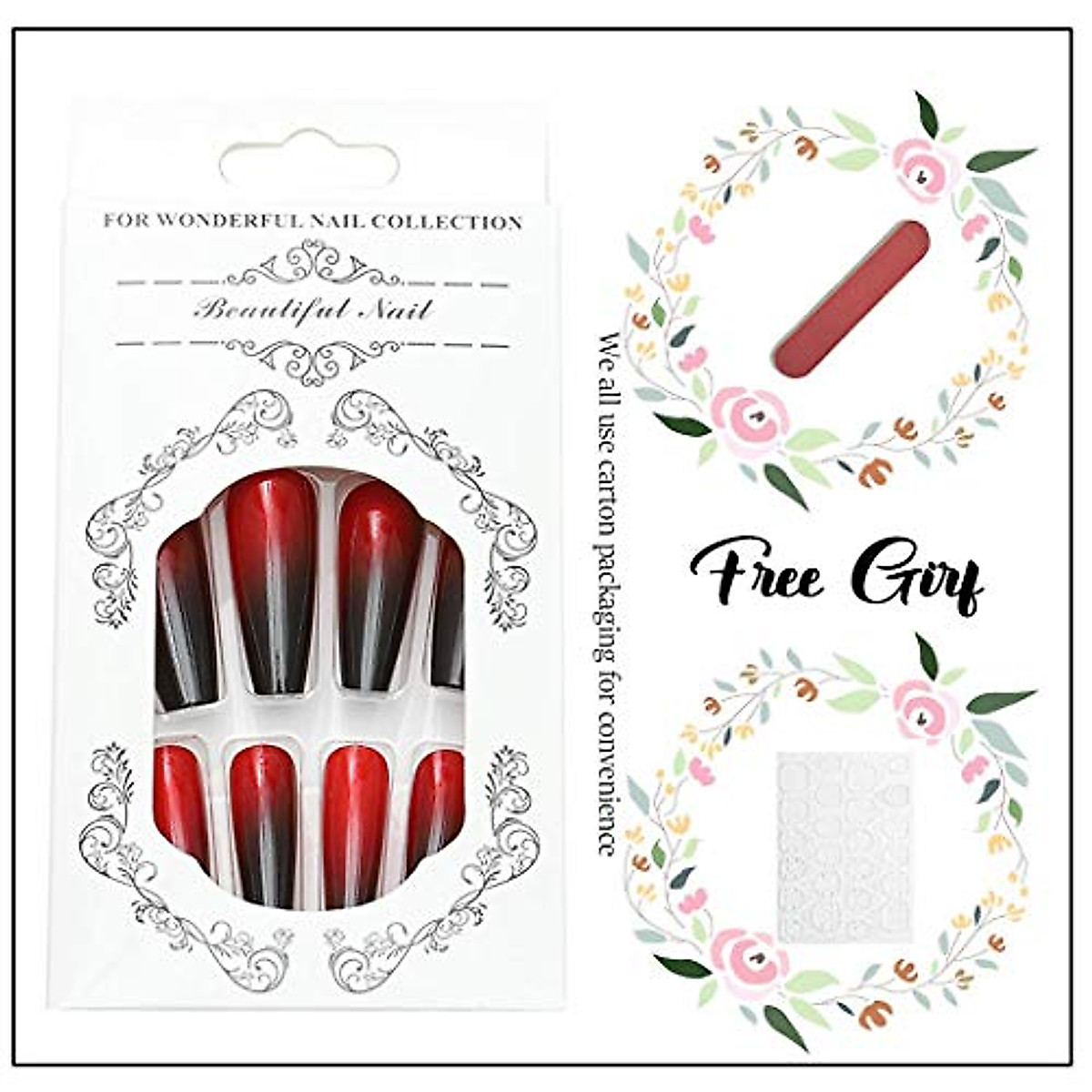 Uranian Coffin Press on Nails Long Black Fake Nails with Designs Ombre Glossy False Nails Full Cover French Tip Nails Halloween Acrylic Nails for Women and Girls (24pcs)