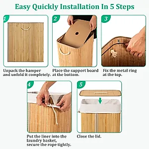 Btamree Laundry Hamper with Lid, Bamboo Laundry Basket with Handles & Removable Liner, 19 Gal (72L) Foldable Laundry Hamper for Laundry Room, Bedroom, Bathroom, Living Room (Square Brown)