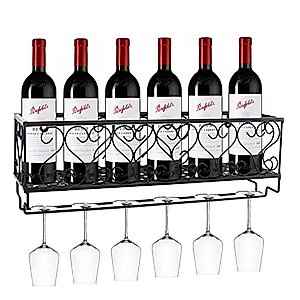 Wine Rack Wall Mounted with Wine Glass Holder - Metal Hanging Wine Rack with Wine Aerator Pourer, Wall Wine Rack for Wine Storage, Black Wine Rack for Kitchen Bar Shelves, Holds 6 Bottles & 5 Glasses