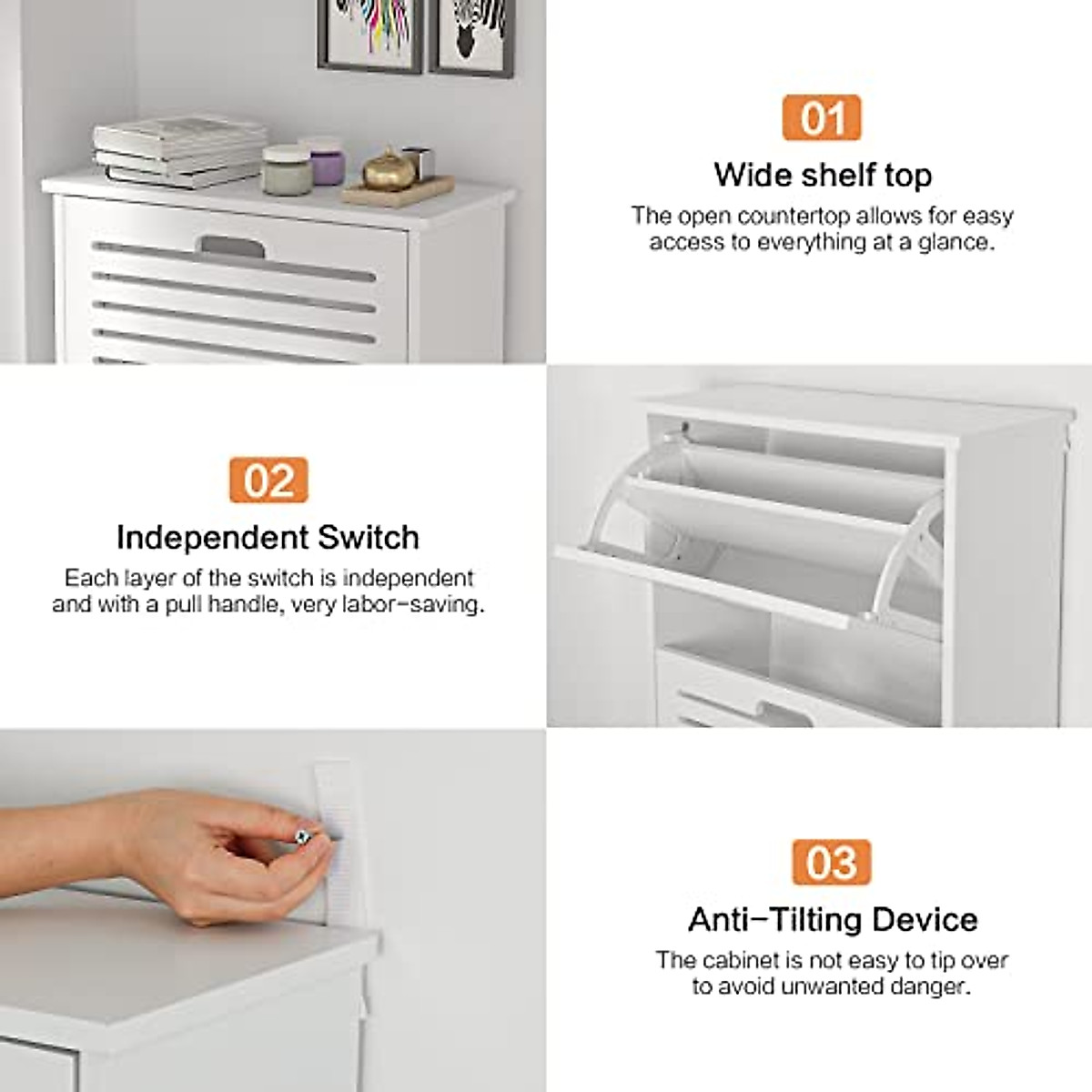 3 Flip Drawers Shoe Cabinet, Wooden Freestanding Shoe Rack, White Shoe Storage Cabinet for Entryway, Living Room, and Corridor