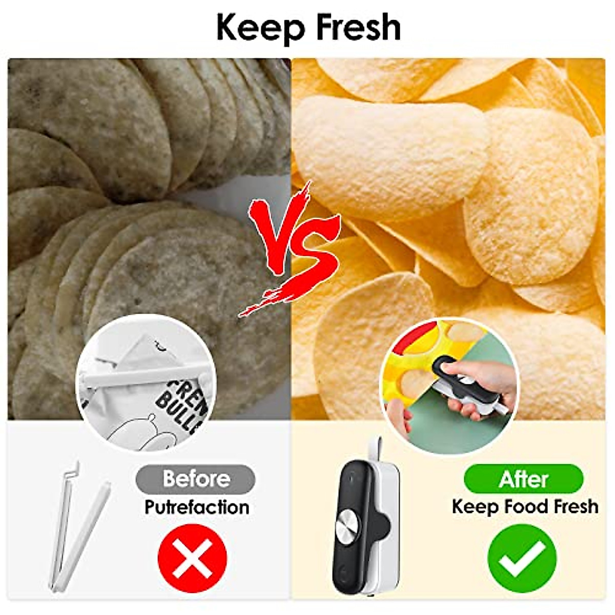 FEPPO Bag Sealer, Bag Sealer Heat Seal with Cutter 2 in 1, Food Sealer Sealing Machine Kitchen Gadget For Chip Bags Plastic Bags Food Storage (Battery Included)