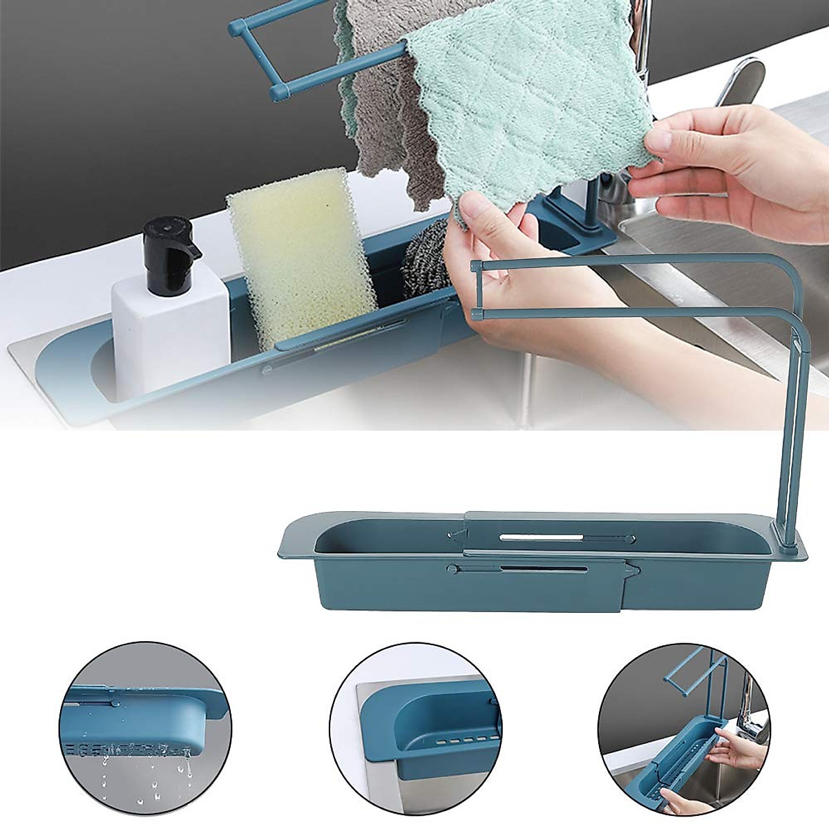 Kitchen Sink Organizer,Telescopic Sink Holder, Expandable Dish Caddy Sponge Soap Drying Rack, Drain Basket Tray Caddy Shelf Organizer Scrubber and Adjustable Hanger with Towel Bar