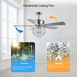 Tropwellhouse 52Inch Crystal Ceiling Fan with Lights 3 Speed Remote Control Elegant Crystal 5 Wood Blades Chrome Ceiling Fan Decoration Home