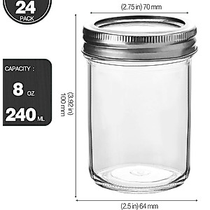 KAMOTA Mason Jars, 8 oz Glass Jars With Regular Lids and Bands, Ideal for Jam, Honey, Wedding Favors, Shower Favors, DIY Spice Jars, 24 PACK, Extra 24 Lids & 30 Whiteboard Labels