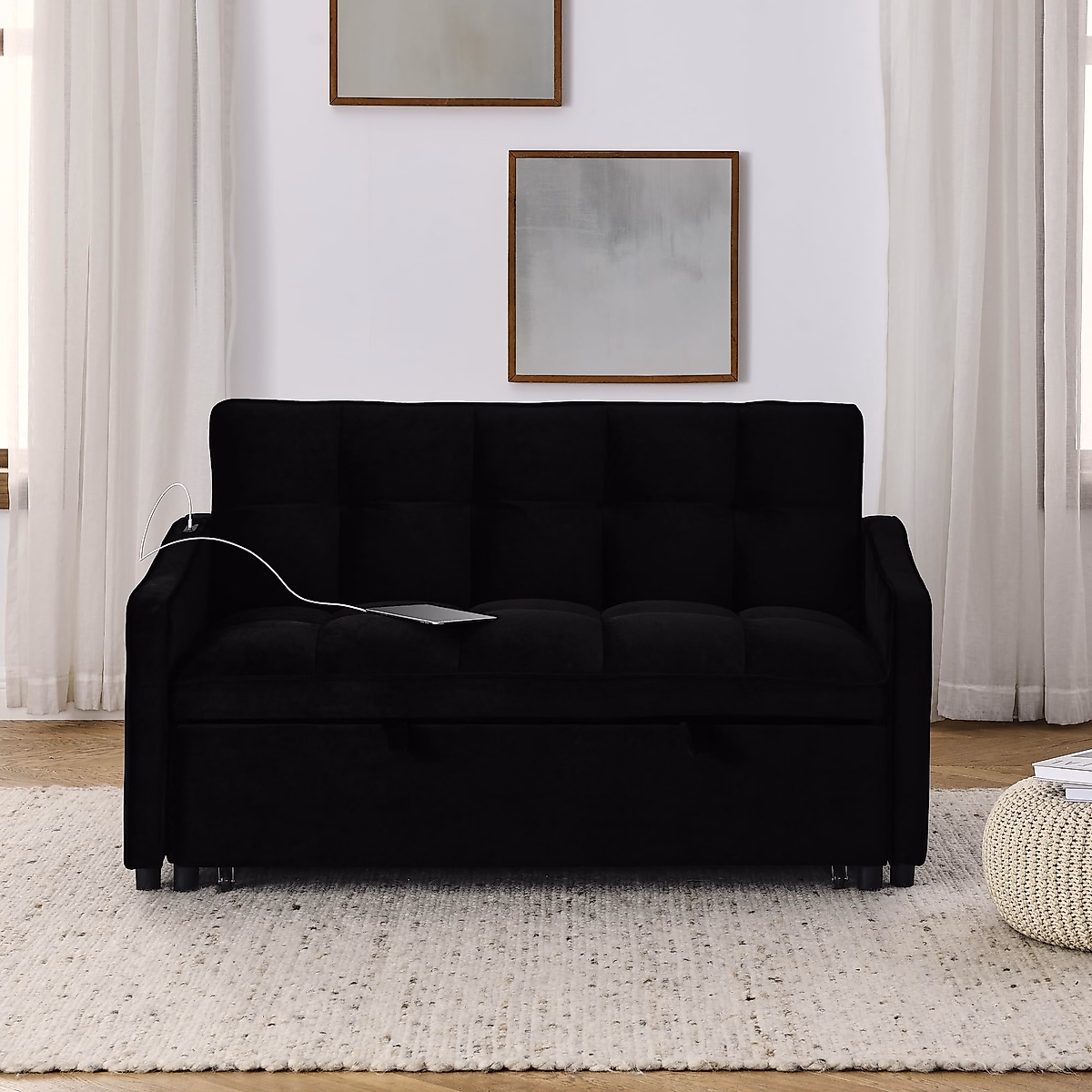 Verfur 3 in 1 Pull Bed Sleeper, Modern Upholstered Loveseat Lounge Sofa & Couches w/Reclining Backrest, Convertible Futon Love Seat Small Furniture for Living Room, Black w/USB Charging