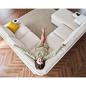 PaPaJet U Shaped Sofa, 7 Seater Sofa with USB Ports, Sectional Sofa Couch with Storage Chaise, Corduroy Beige