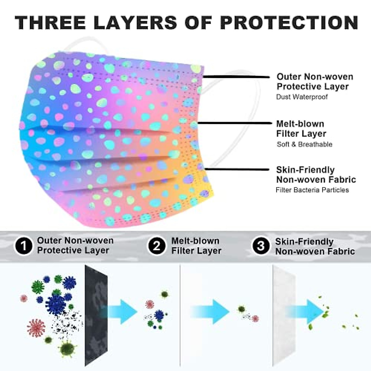 Peky 50PCS Colorful Disposable Printed Face_Masks,with Shiny Unique Crack Design,3-Ply Protection for Adults Women (Adult-1)