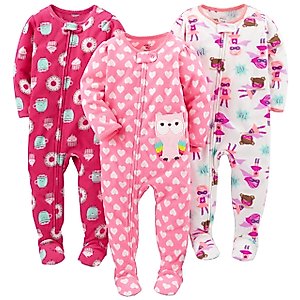 Simple Joys by Carter's Baby Girls' 3-Pack Loose Fit Flame Resistant Fleece Footed Pajamas, Donut/Hearts/Superhero, 18 Months