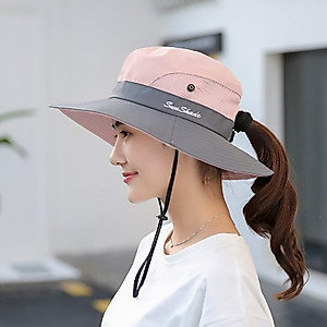 Womens Summer Sun-Hat Outdoor UV Protection Fishing Hat Wide Brim Foldable-Beach-Bucket-Hat with Ponytail-Hole Pink