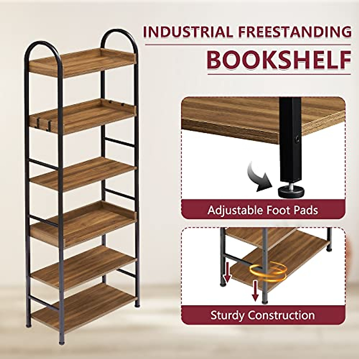 SPOWAY 6 Tiers Bookshelf, 70.8" Tall Bookcase with Round Top, Industrial Book Rack Display Shelves Organizer with Metal Frame for Living Room, Office, Bedroom (Wood Color)