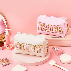 Patelai 2 Pcs Preppy Makeup Bags Chenille Letter Patch Bag Face Skin Hair Stuff Aesthetic Cosmetic Bag Travel Zipper Pouch Makeup Organizer Graduation Gift for Girls(White, Pink, Body, Face)