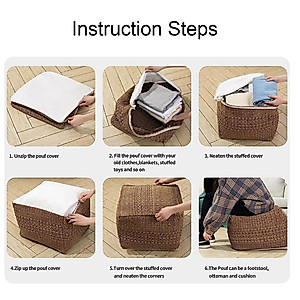 HEGZA Square Pouf Ottoman Cover, Soft Knitted Cotton Linen Cube Bean Bag Chair, Decorative Footrest, Casual Footstool, Storage Solution for Bedroom Living Room Brown