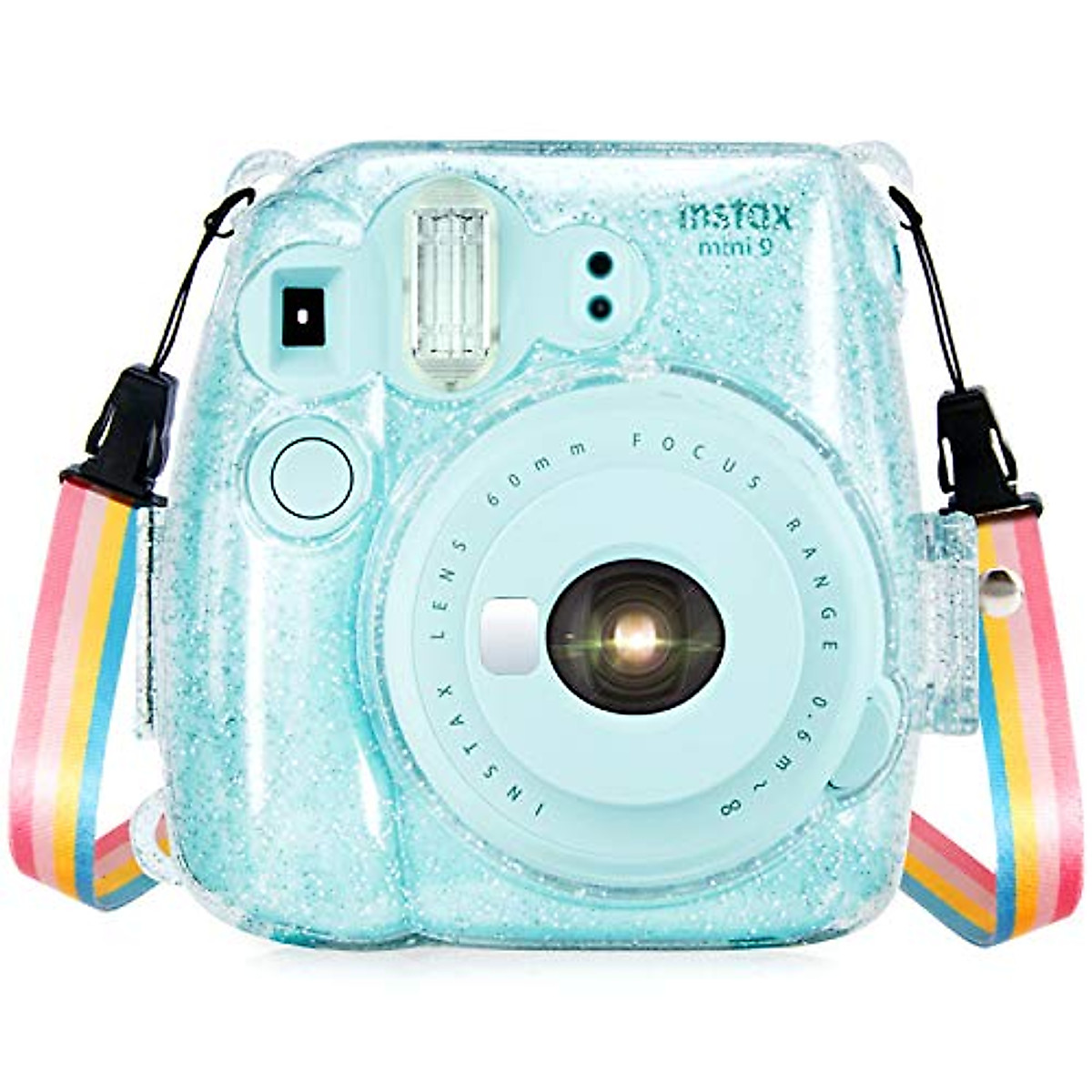 Wolven Clear Camera Case w Adjustable Rainbow Shoulder Strap Compatible with Fujifilm Instax Mini 8, Mini 8+, Mini 9 Instant Camera (Crystal)