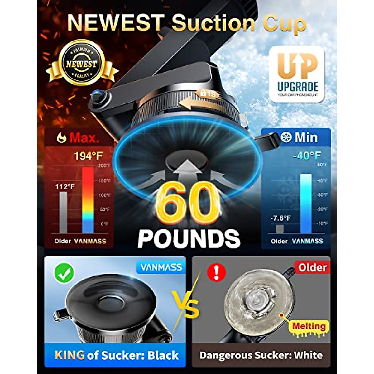 [2023 Upgraded] VANMASS Car Dashboard Phone Holder Mount [Super Suction Cup] Compatible for iPhone 13 Pro Max 12 11 X Xr Xs 8 7 Plus Mini Se Universal Cell Phone Windshield Vent Handsfree Cradle,Black