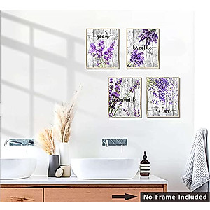 Purple Bathroom Decor Wall Art Set of 4(8" x 10"Canvas Wall Art Relax Soak Unwind Breathe Purple Blend Bathroom Flower Prints For Washroom Toilet Decor (Unframed)