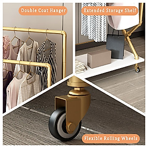 ORSENIGO Industrial Pipe Clothing Rack with Double Rods for Hanging Clothes, Heavy Duty Rolling Clothes Rack with Shelf for Home Boutique Retail Use (Gold)